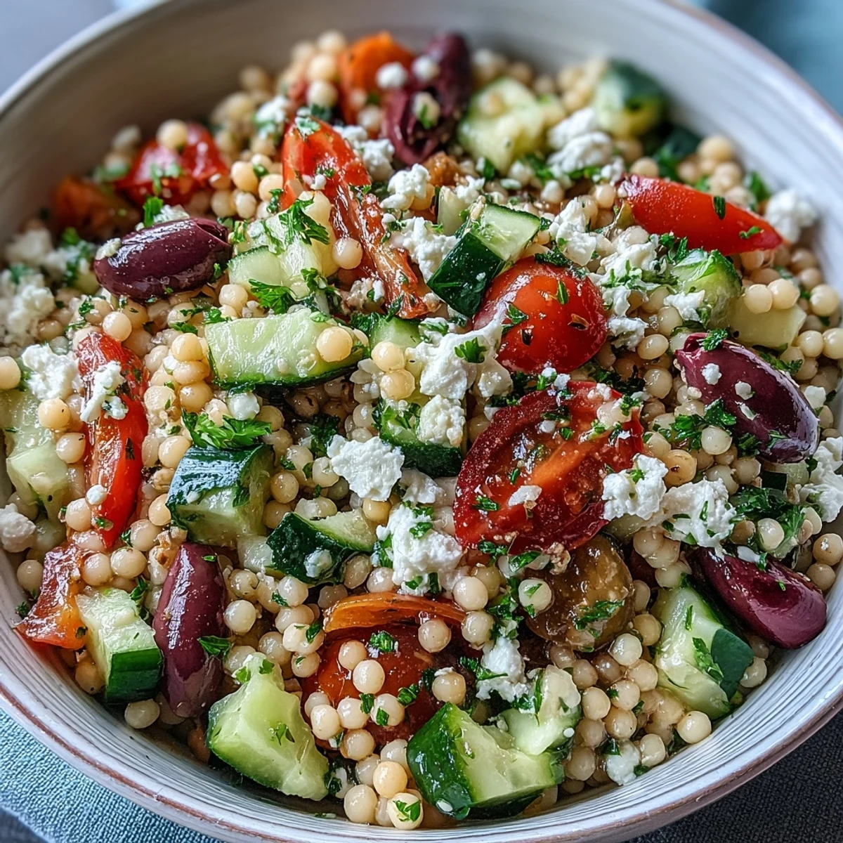 Tender Pearl Couscous with Fresh Vegetables and Feta